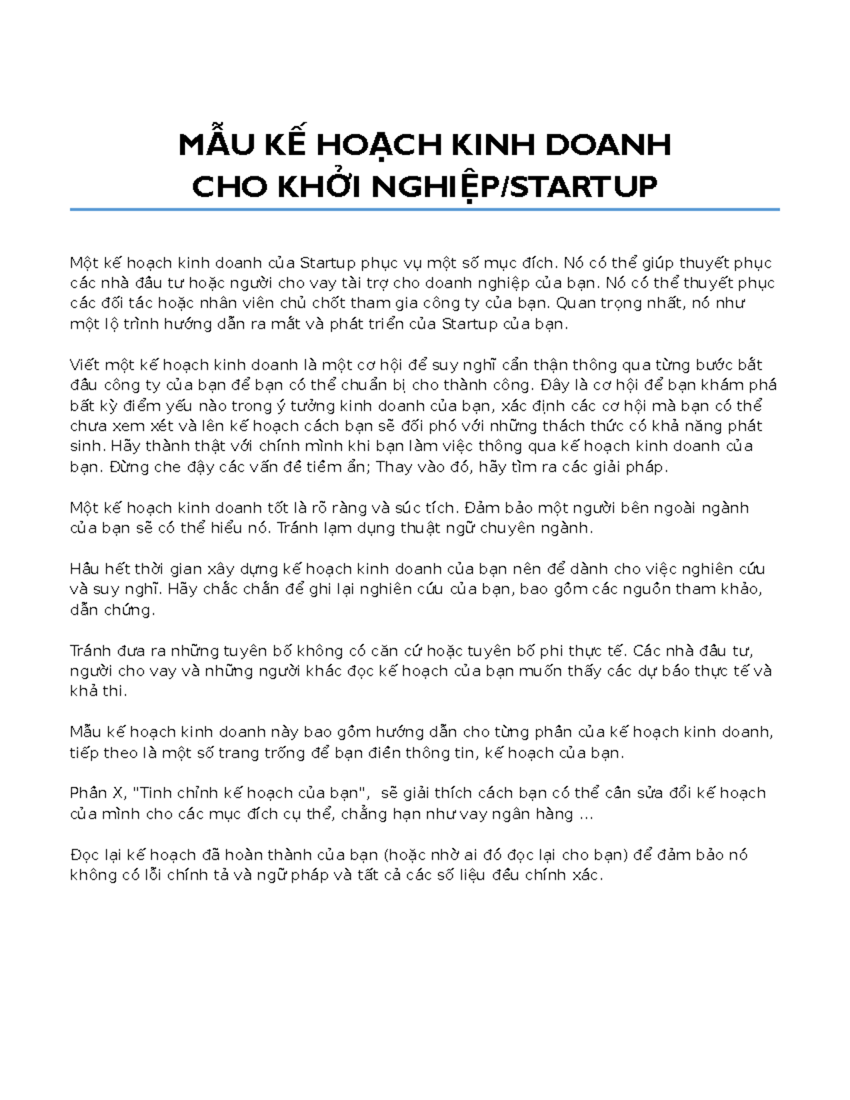 MẪU KẾ HOẠCH KINH Doanh CHI TIẾT DÀNH CHO Startup - M ẪU K Ế HO ẠCH KINH DOANH CHO KH ỞI NGHI ...