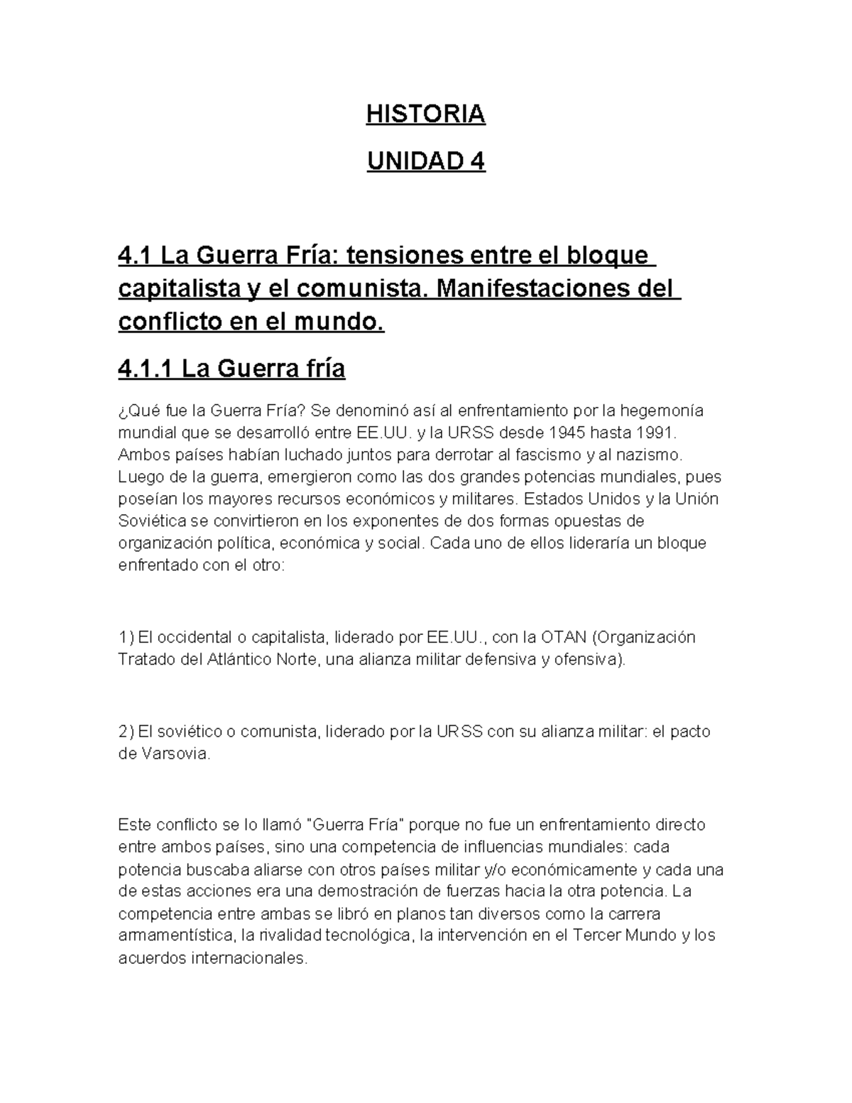 Historia Unidad 4 - HISTORIA UNIDAD 4 4 La Guerra Fría: tensiones entre el bloque capitalista y ...