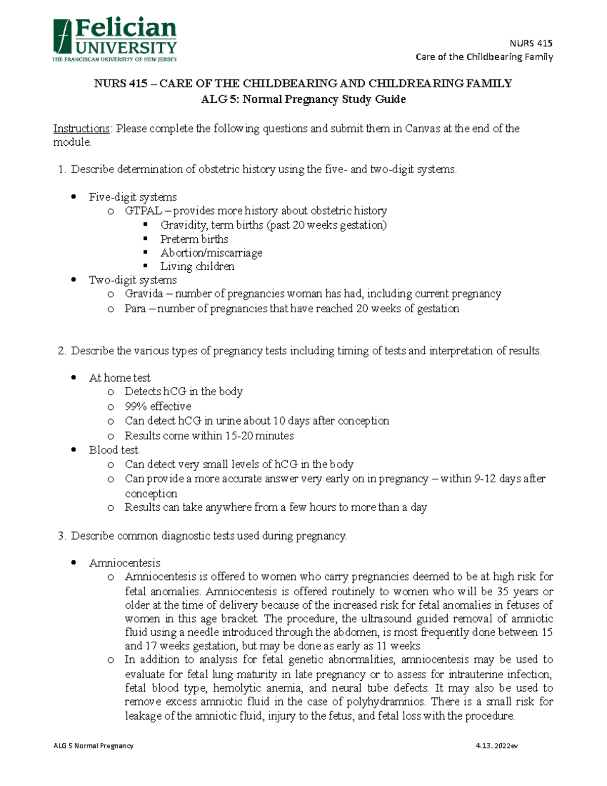 Active Learning Guide - Module 5 - Care of the Childbearing Family NURS ...