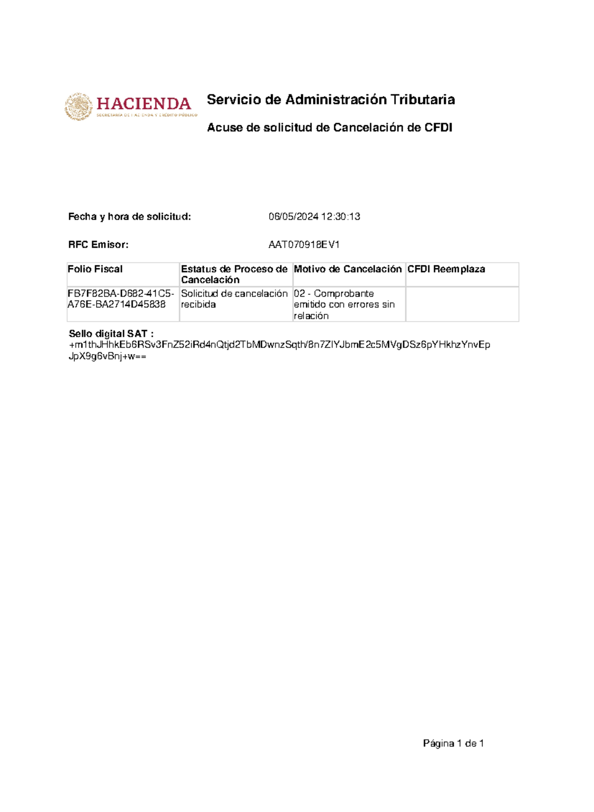 Acusecancelacion - RFC Emisor: Sello digital SAT : - Studocu