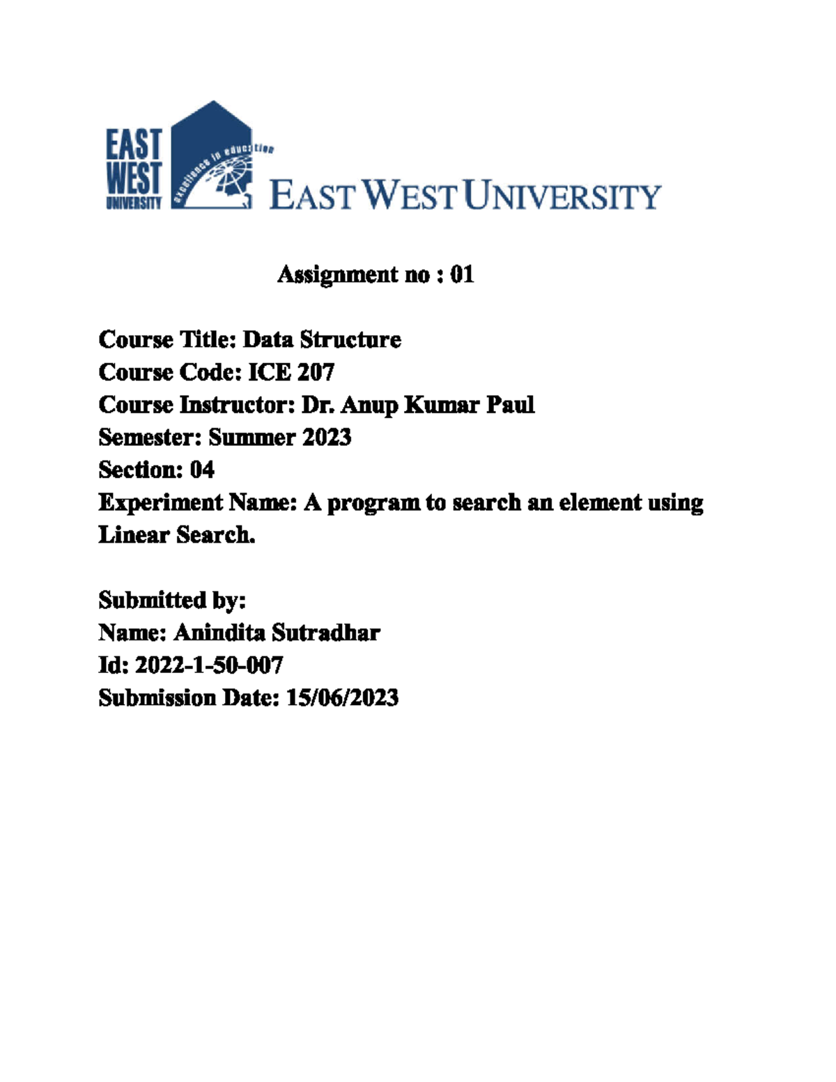 Anindita Data Structure lab 1 - EAST in education WEST UNIVERSITY EAST ...