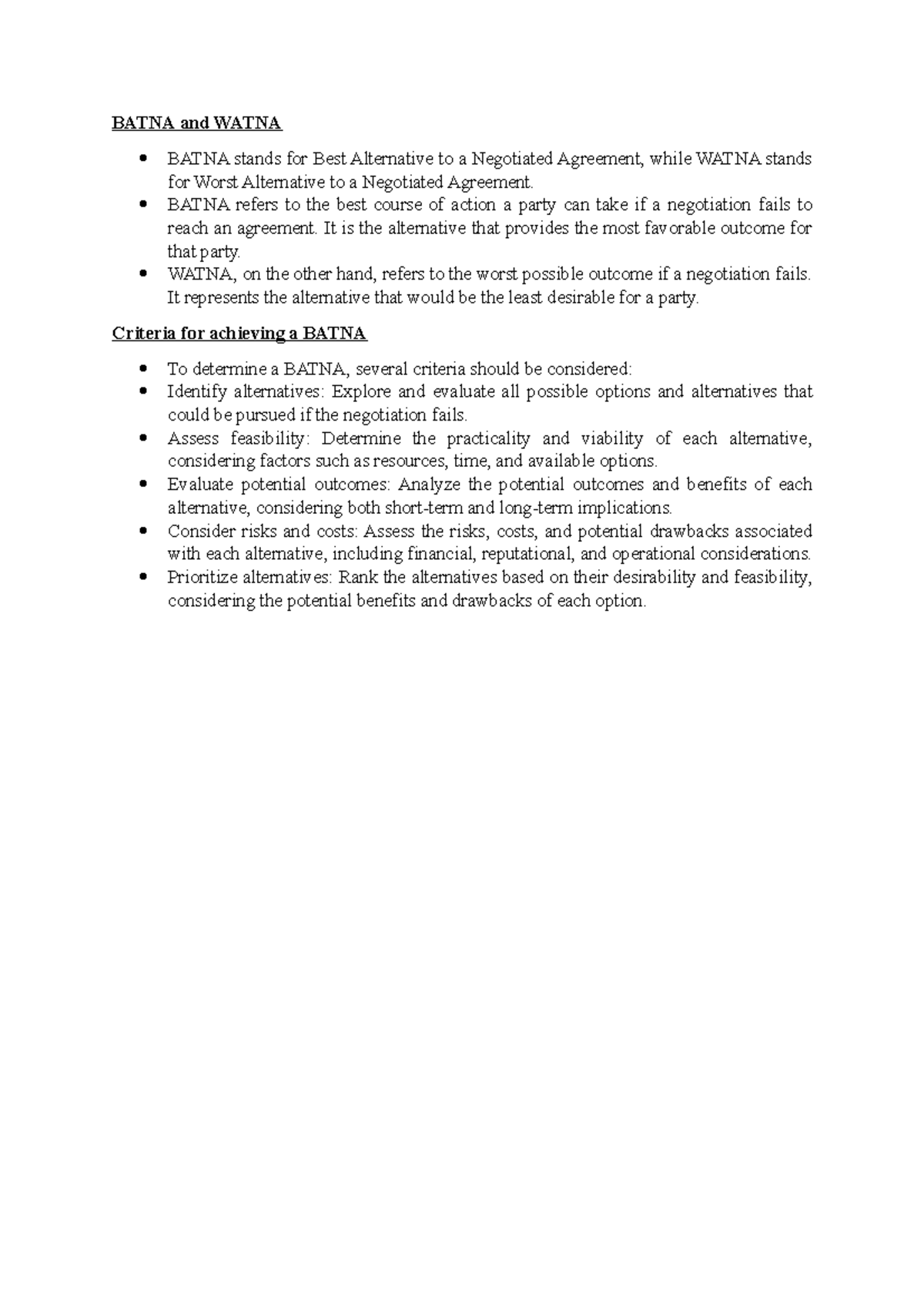 Tutorial 1 - BATNA and WATNA BATNA stands for Best Alternative to a ...