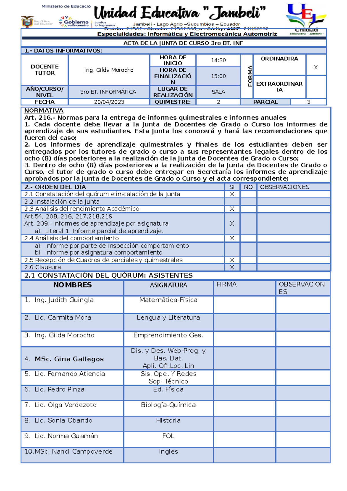 ACTA DE LA Junta DE Curso 3ro BT ODR - ACTA DE LA JUNTA DE CURSO 3ro BT. INF 1.- DATOS ...