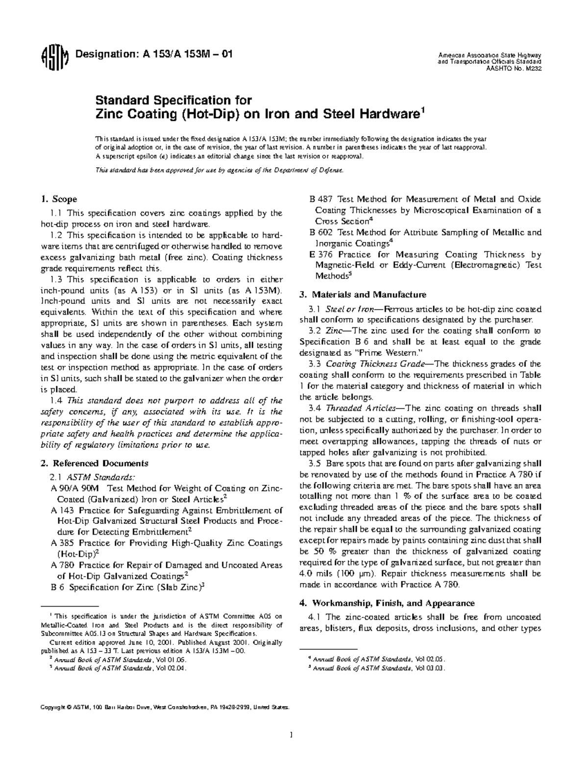 Designation A 153 A 153M 01 Standard Spe - Designation: A 153/A 153M ...