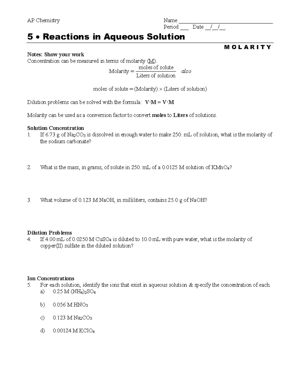 Apch05 molarity - AP Chemistry Name ...