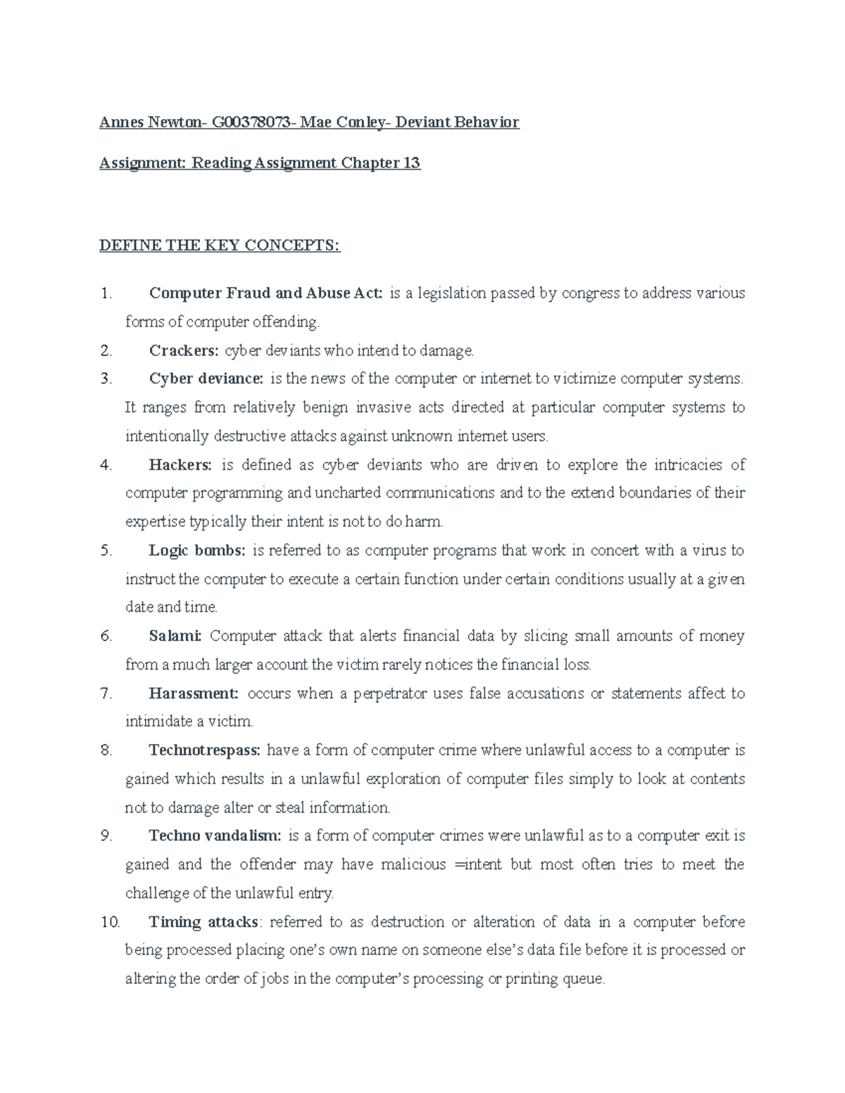 Annes Newton- chapter 13 reading assignment - Annes Newton- G00378073- Mae Conley- Deviant ...