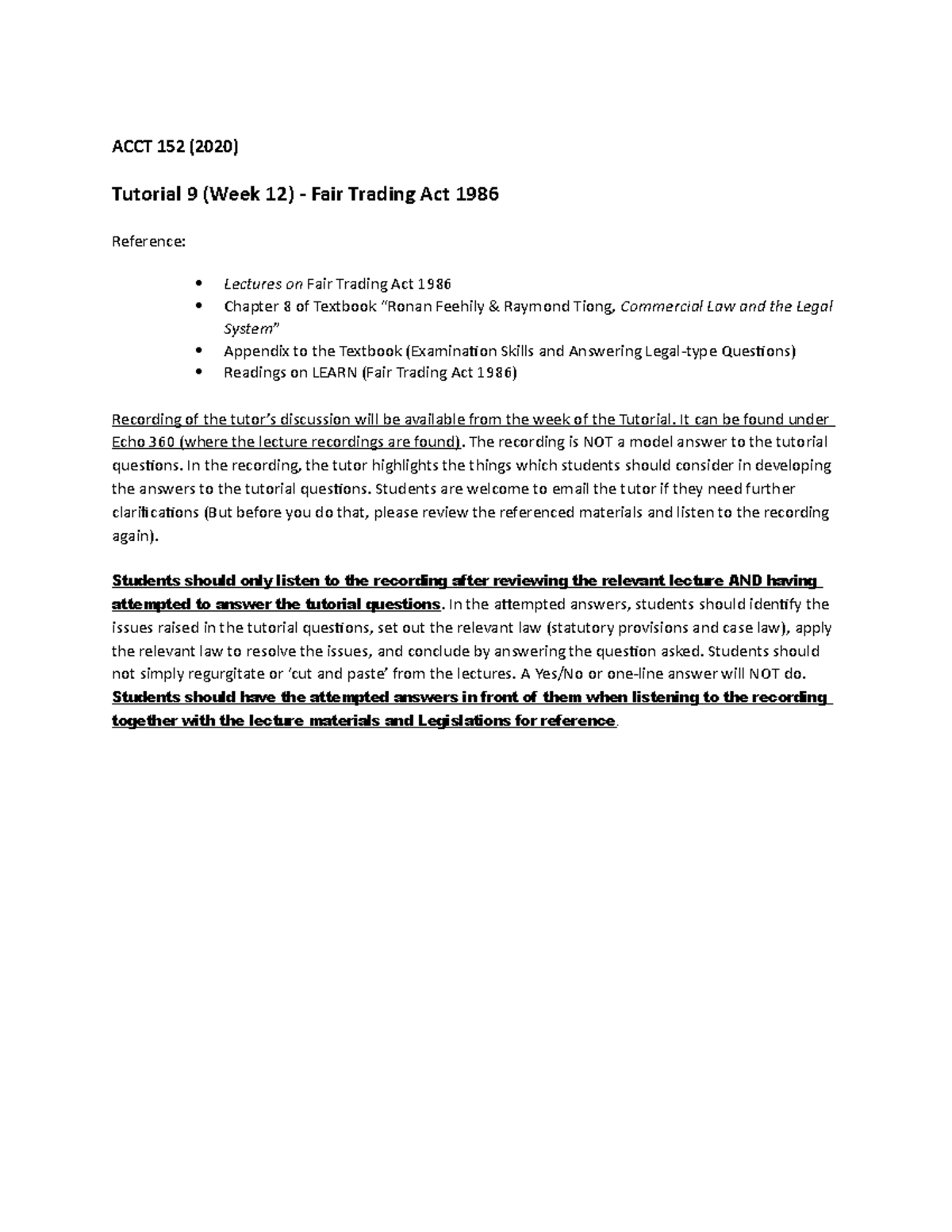 ACCT152 T10 W12 - ACCT 152 (2020) Tutorial 9 (Week 12) - Fair Trading ...