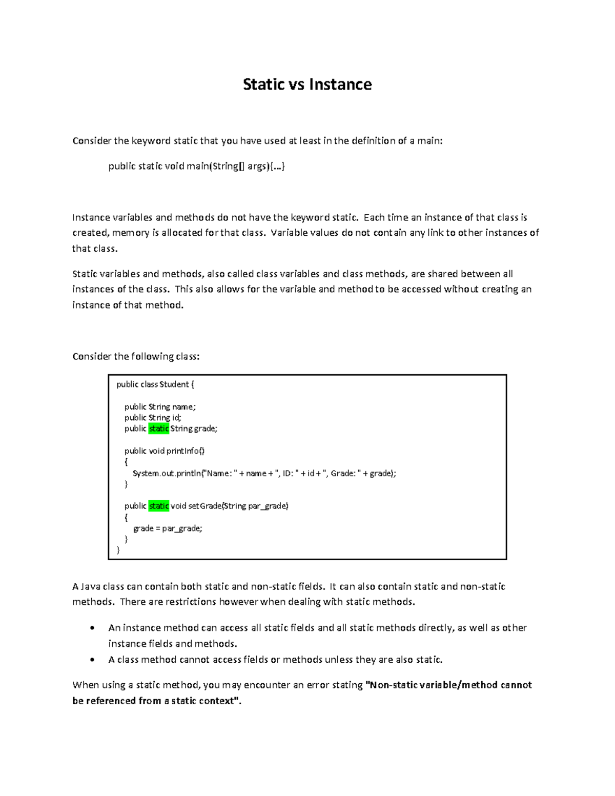 Static vs Instance - Jonathan Penava - Static vs Instance Consider the keyword static that you ...