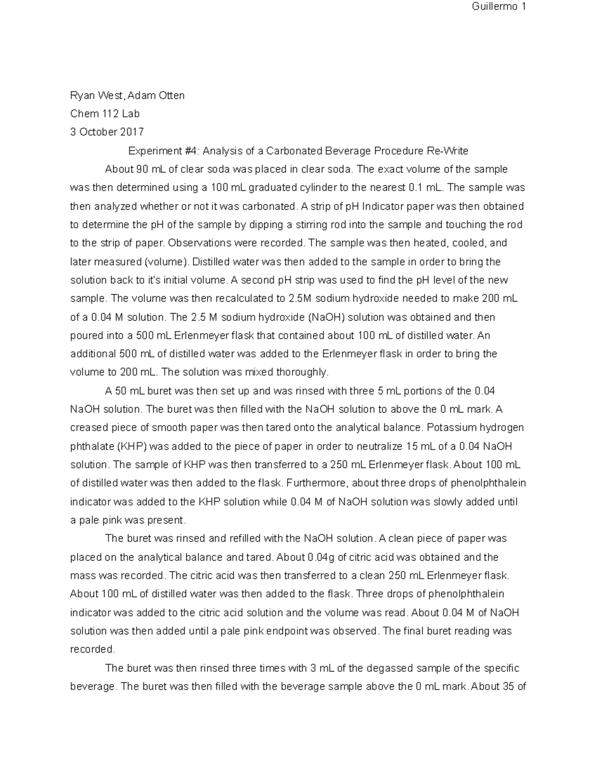 Experiment #4 Procedure Re-write - Guillermo 1 Ryan West, Adam Otten ...