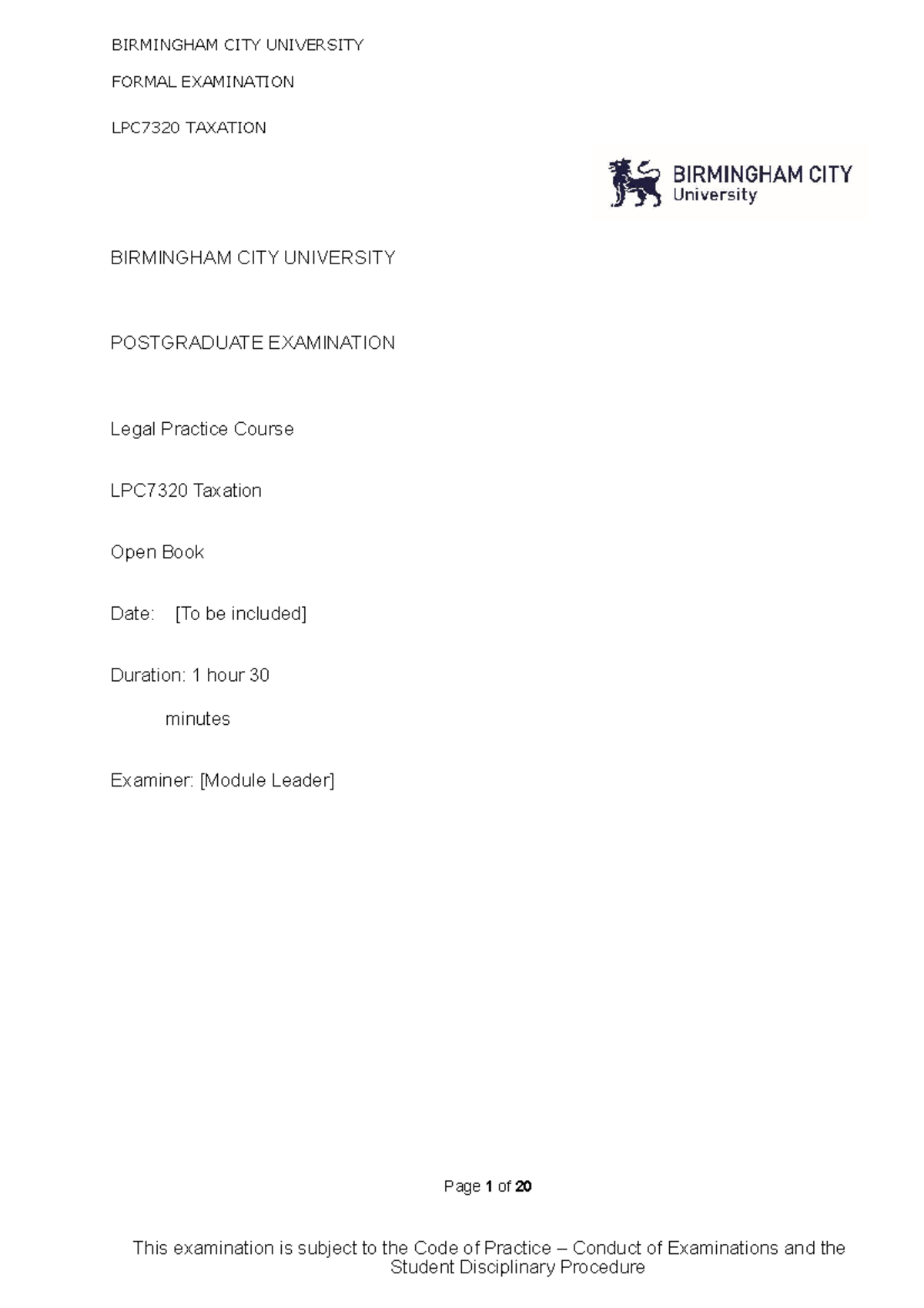 TAX Example Paper 22 23 - FORMAL EXAMINATION LPC7320 TAXATION ...