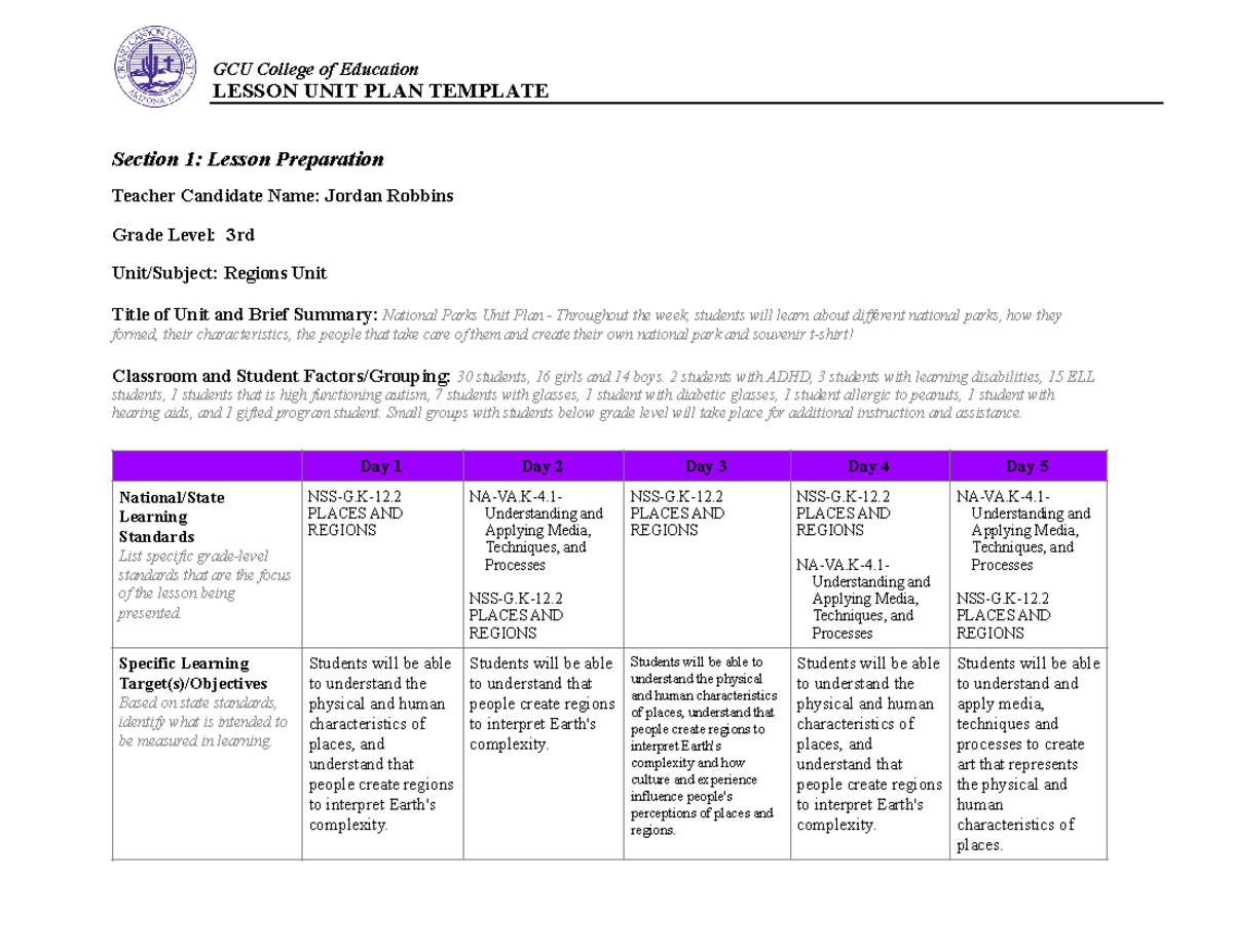 Unit Plan Template 5 Day ELM 351 GCU StuDocu