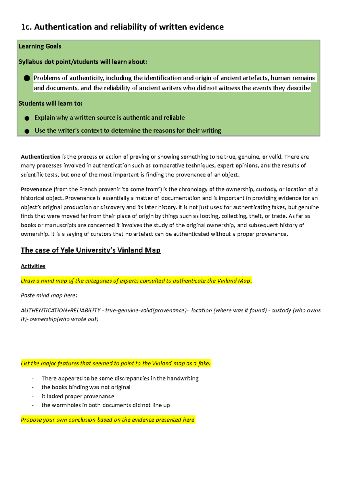 1c. Authentication and reliability of written evidence - 1c ...