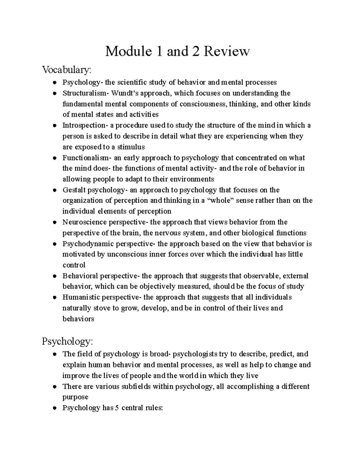 Psych Review - Module 1 and 2 Review Vocabulary: Psychology- the ...