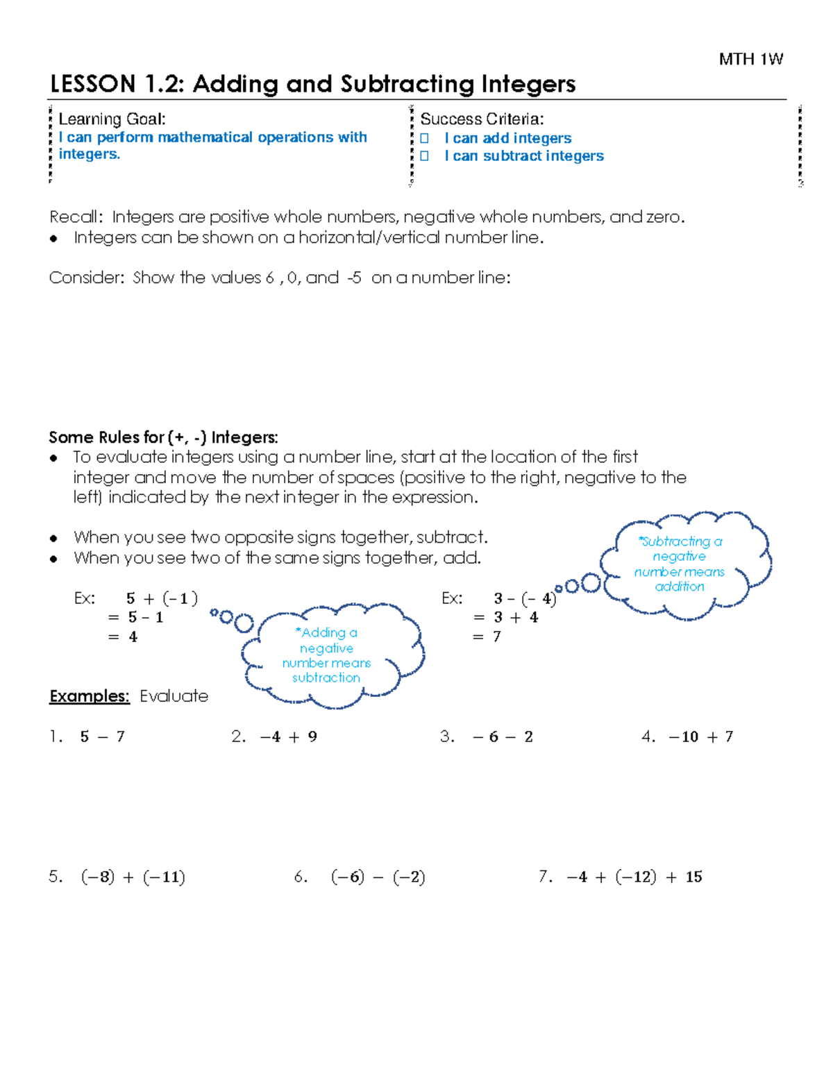 Adding and Subtracting Integers - MTH 1W LESSON 1: Adding and ...