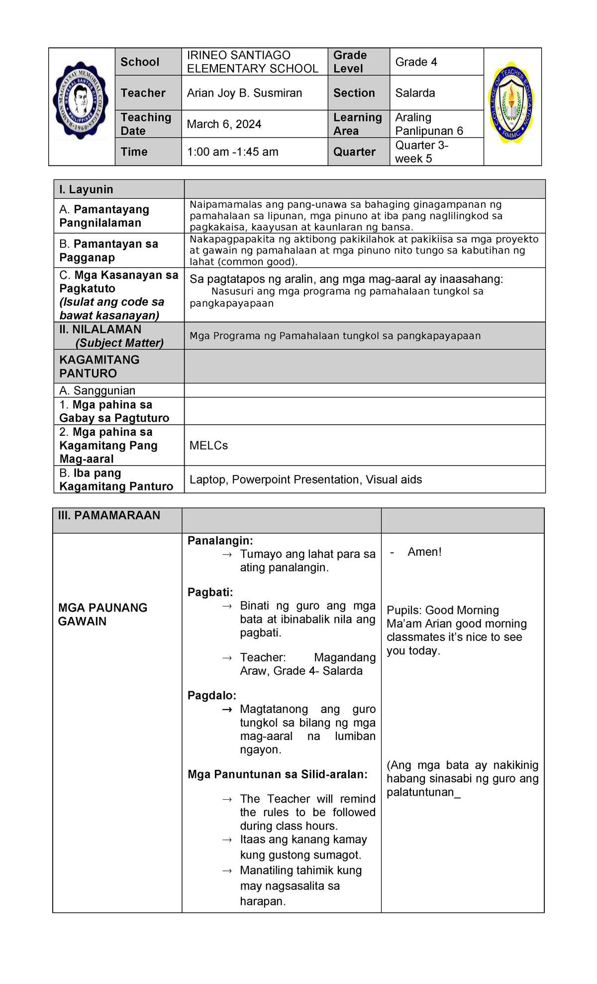 Lesson-plan-2 - grade 4 araling panlipunan - I. Layunin A. Pamantayang ...