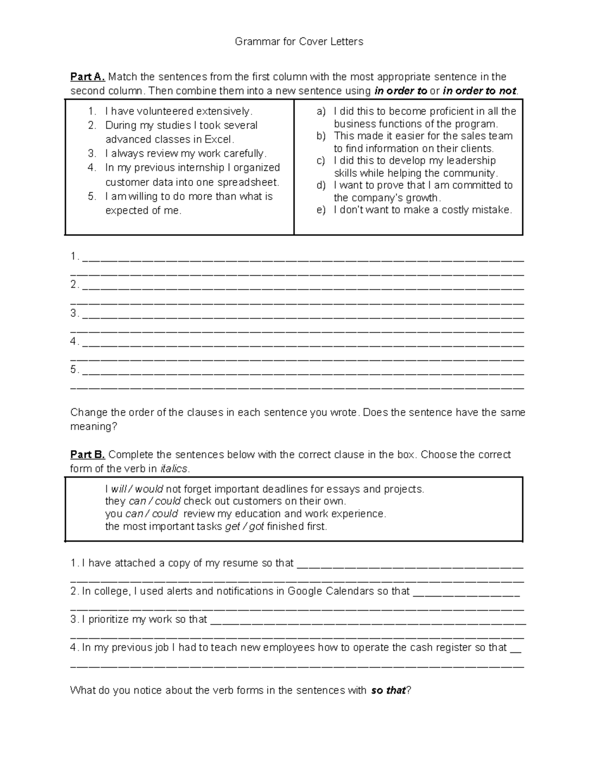 Cover Letter Grammar - Grammar for Cover Letters Part A. Match the ...