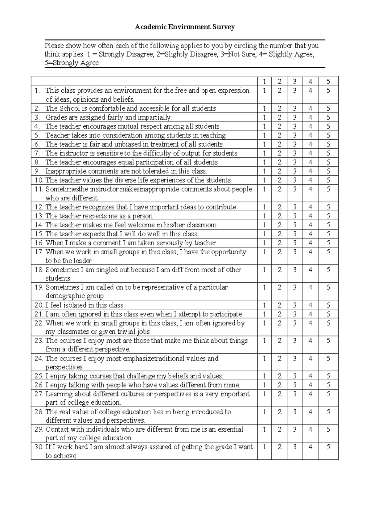 Academic Survey Questionnaire - Academic Environment Survey Please show ...