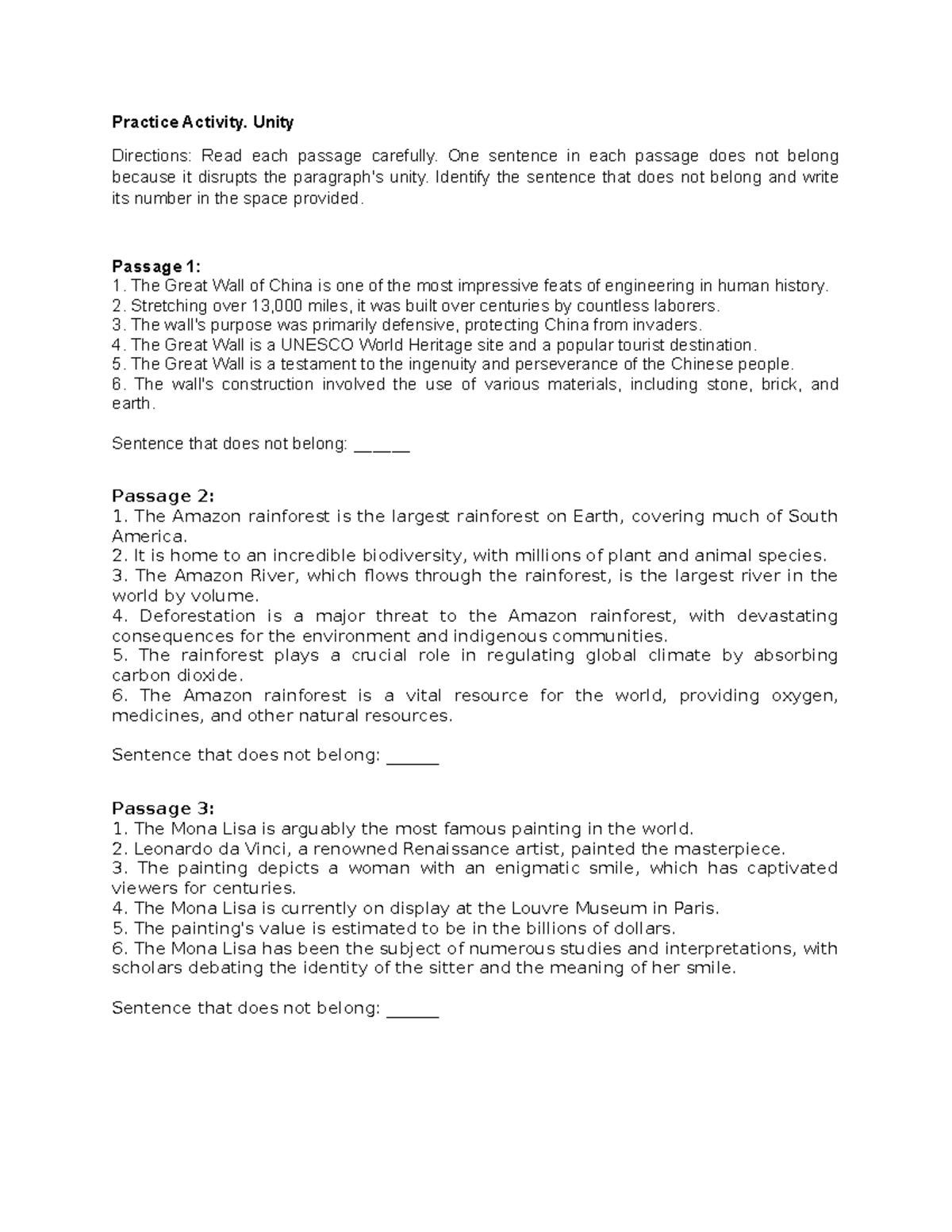 Practice Activity. Unity and coherence - Practice Activity. Unity ...