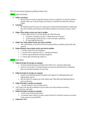 IER 330 Notes 1 - IER 330 general knowledge. - Definition: Lean Systems ...