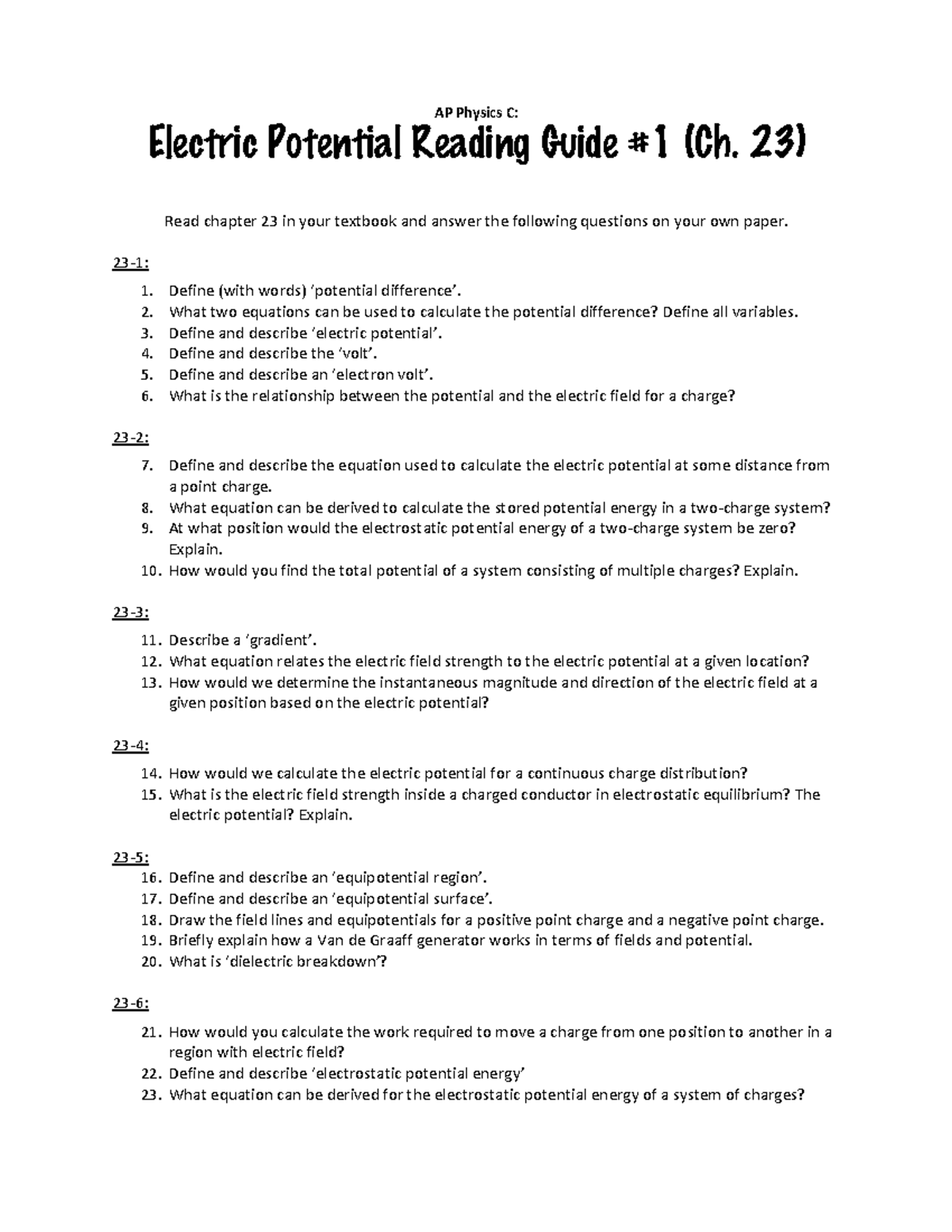 Electric Potential RG-1 (Ch - AP Physics C: Electric Potential Reading ...