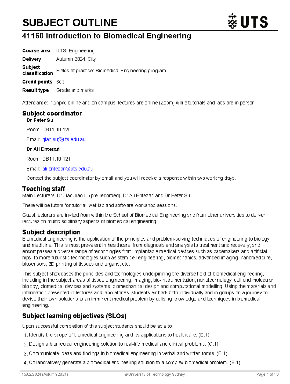 Intro to Biomed (Subject Outline) - SUBJECT OUTLINE 41160 Introduction ...
