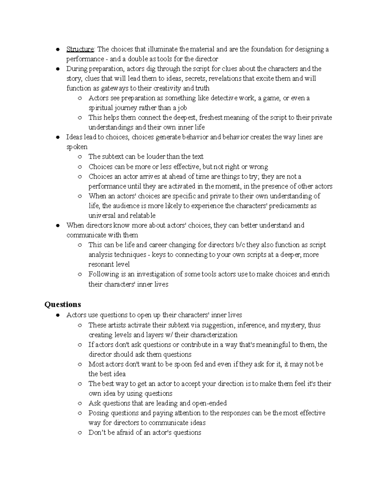 Ch. 4 - Actor's Choices Directors' Tools - Structure: The choices that ...