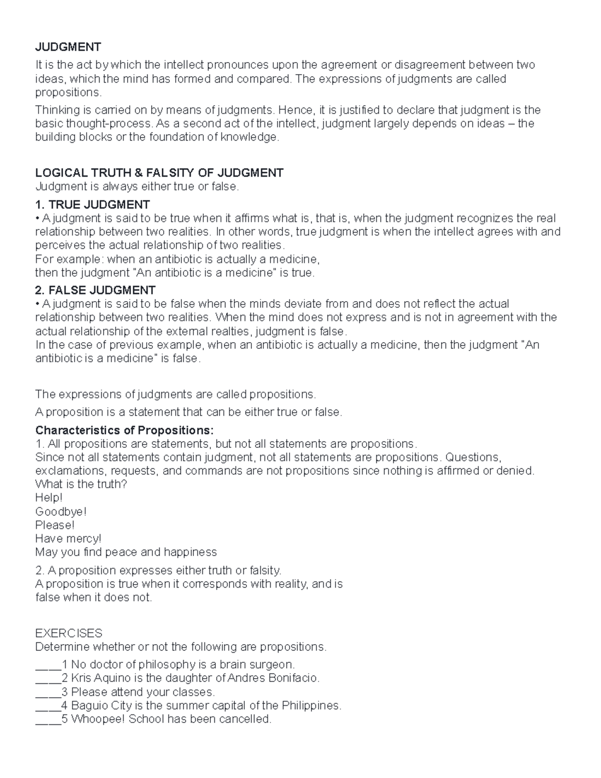 Logic-Notes-4 - notes - JUDGMENT It is the act by which the intellect ...