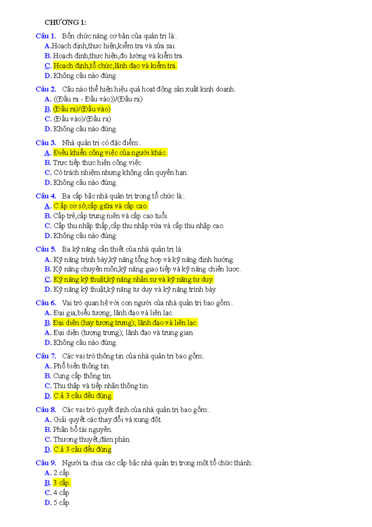 NHÁP 1 - NBBB BBBHB - CHƯƠNG 1: Câu 1. Bốn chức năng cơ bản của quản ...