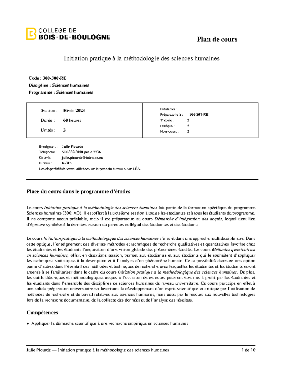 Plcr 300 300 RE H23 - Plan de cours Initiation pratique à la méthodologie des sciences humaines ...