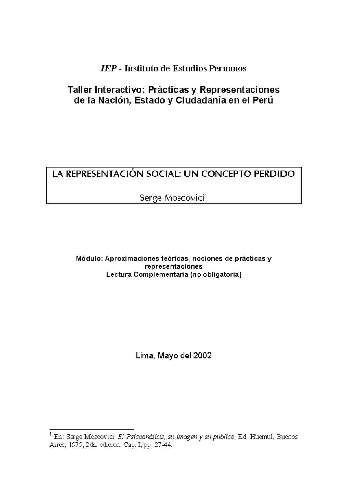 Representacion social un concepto perdido moscovici - IEP - Instituto ...