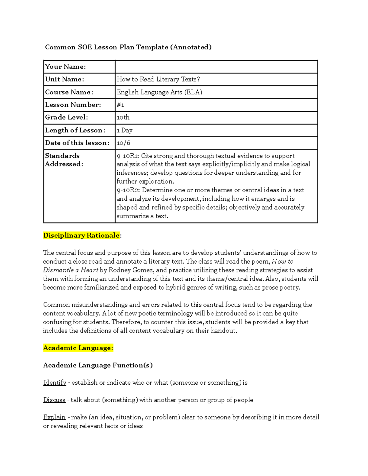 Lesson Plan 10 6 - Common SOE Lesson Plan Template (Annotated) Your ...