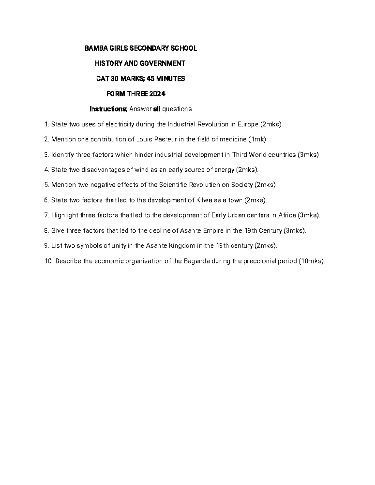 Form 3 History - BAMBAGIRLSSECONDARYSCHOOL HISTORYANDGOVERNMENT CAT 30 ...