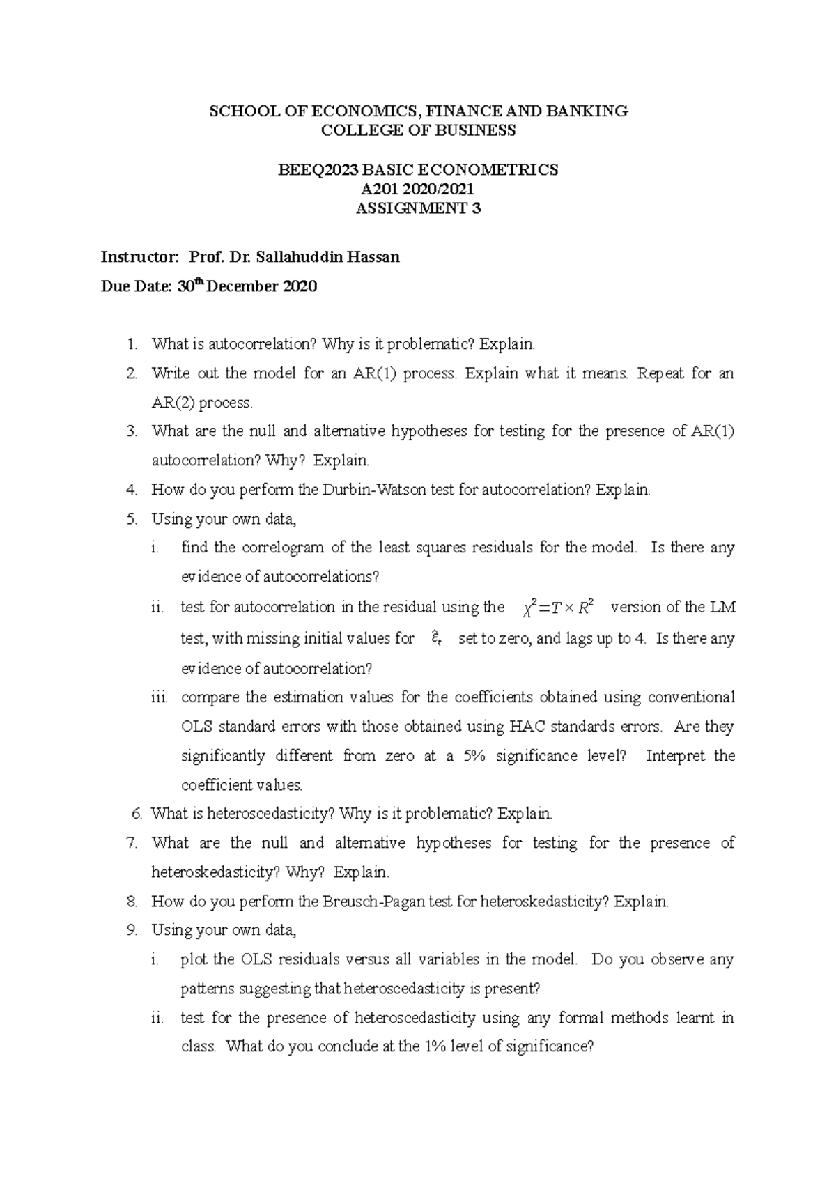 ASSIGNMENT 2020 - SCHOOL OF ECONOMICS, FINANCE AND BANKING COLLEGE OF ...