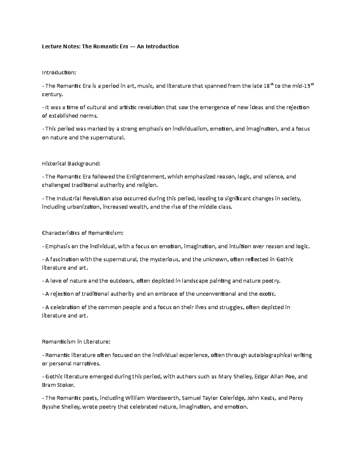 Lecture Notes: The Romantic Era — An Introduction - Lecture Notes: The ...