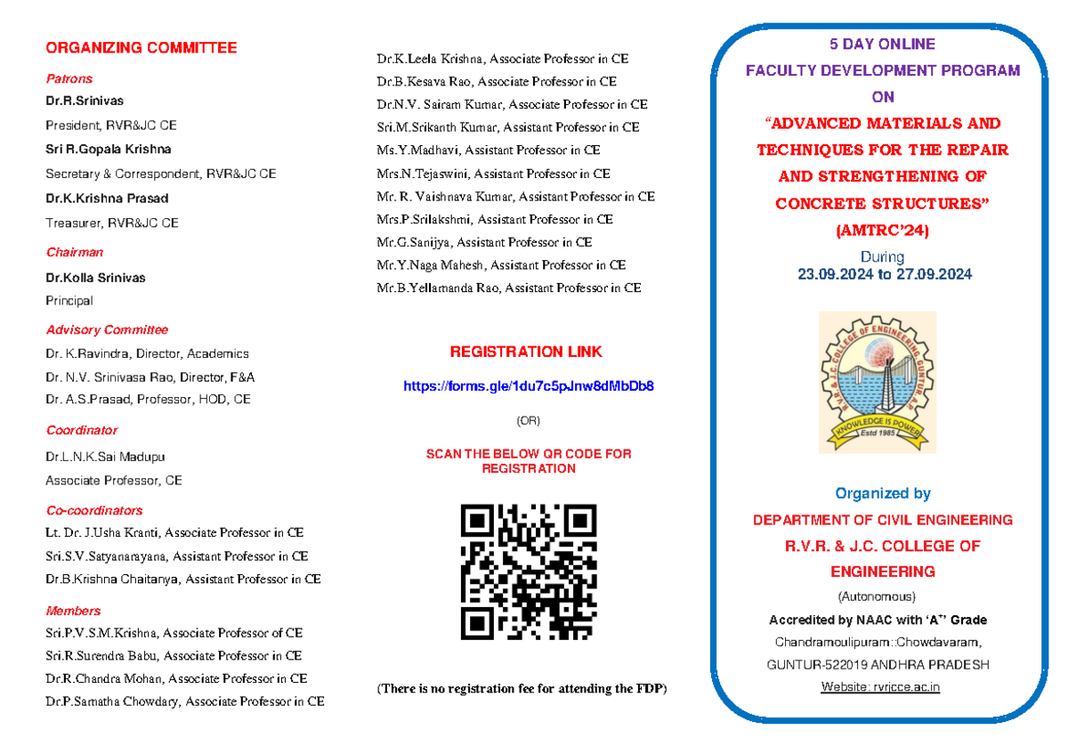 FDP brochure - Naac work - ORGANIZING COMMITTEE Patrons Dr.R President ...