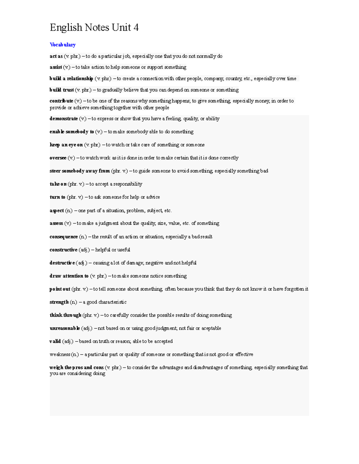 Notes Unit 4 - Notas Unidad 4 - English Notes Unit 4 Vocabulary act as ...