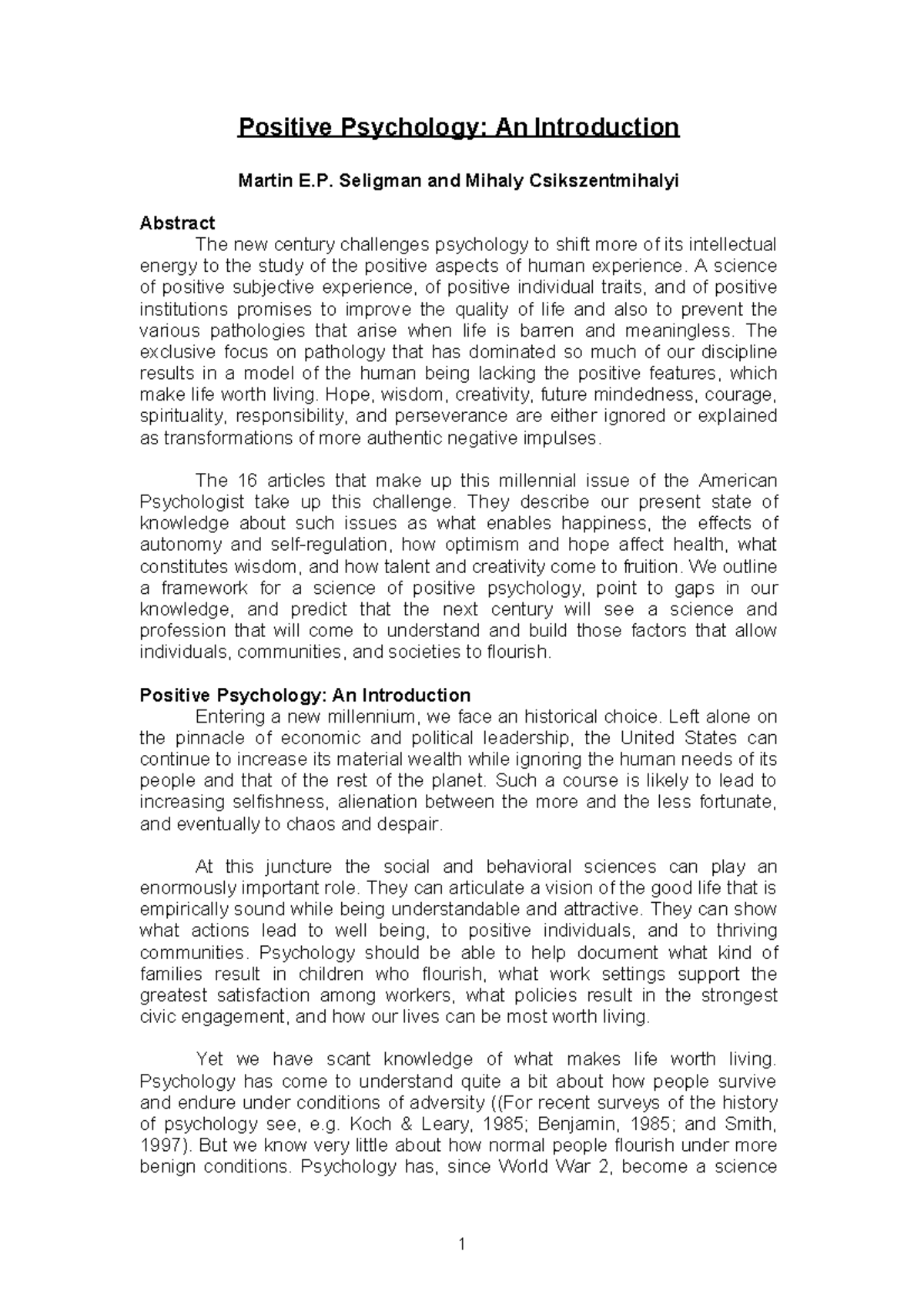 1. Martin Seligman - Positive Psychology - An Introduction - Positive ...