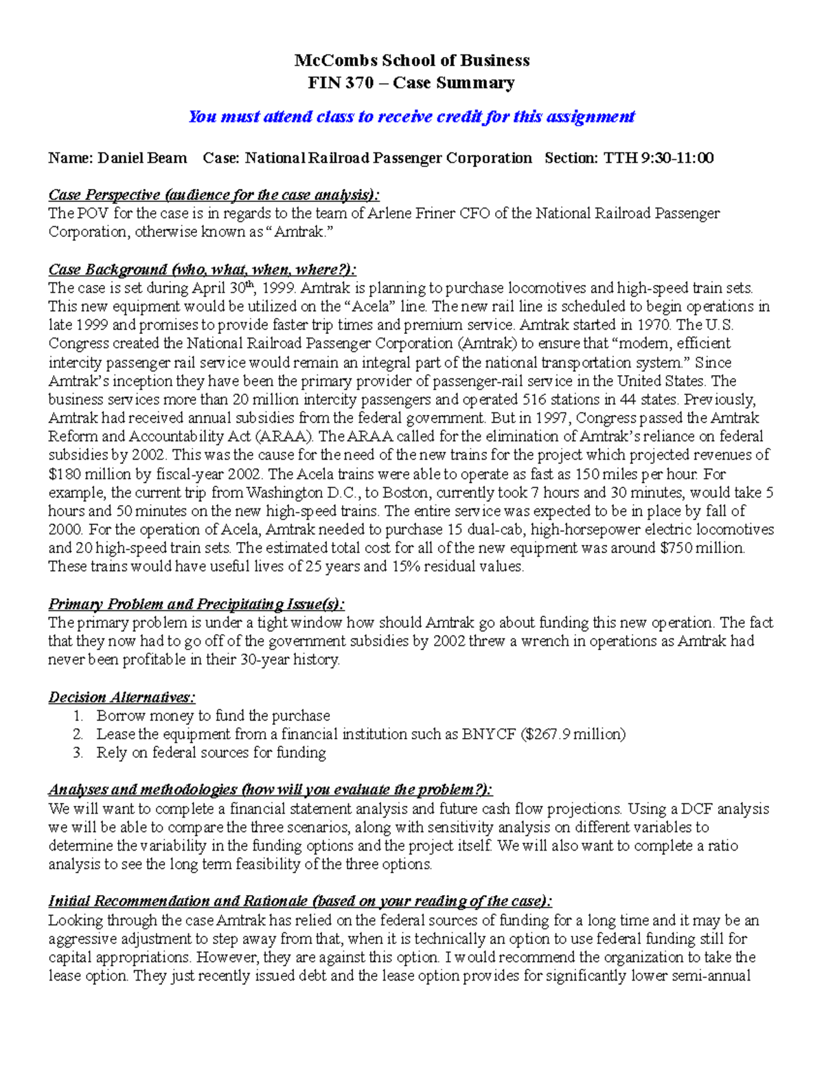 Amtrak Case - Case Assignment Write Up - McCombs School of Business FIN ...