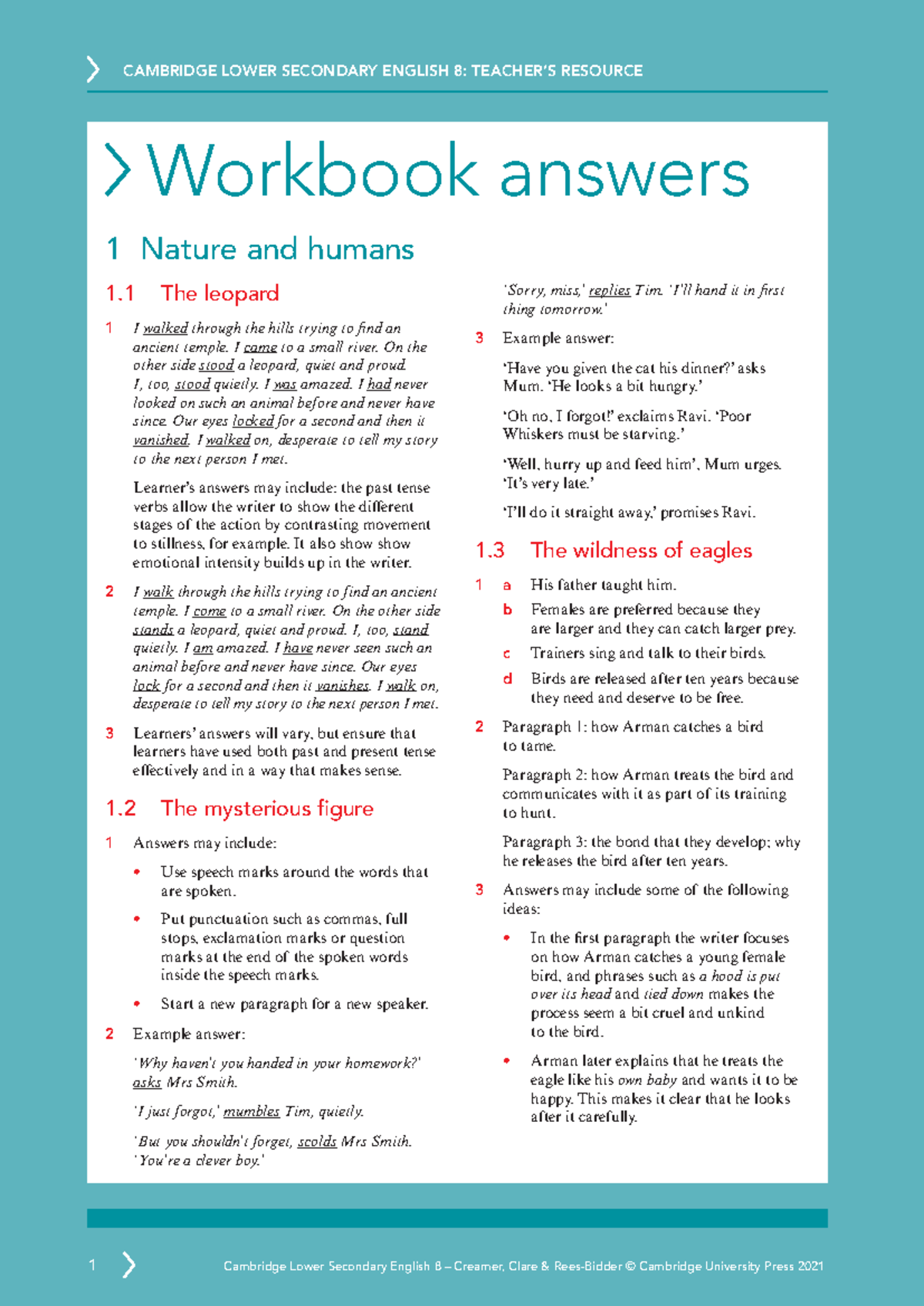 English Stage 8 WB Answers - Workbook answers 1 Nature and humans 1 The leopard 1 I walked ...
