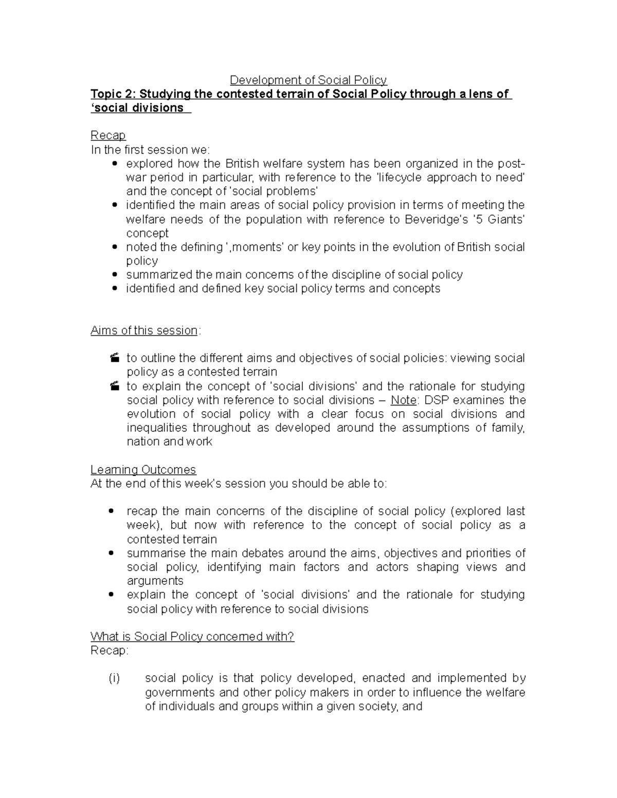 DSP L2 Topic notes social divisions - Development of Social Policy ...