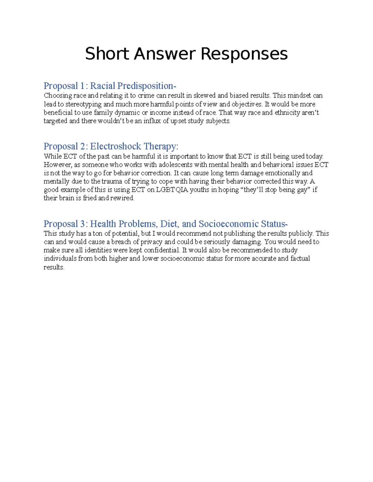 Short Answer Responses - Short Answer Responses Proposal 1: Racial ...