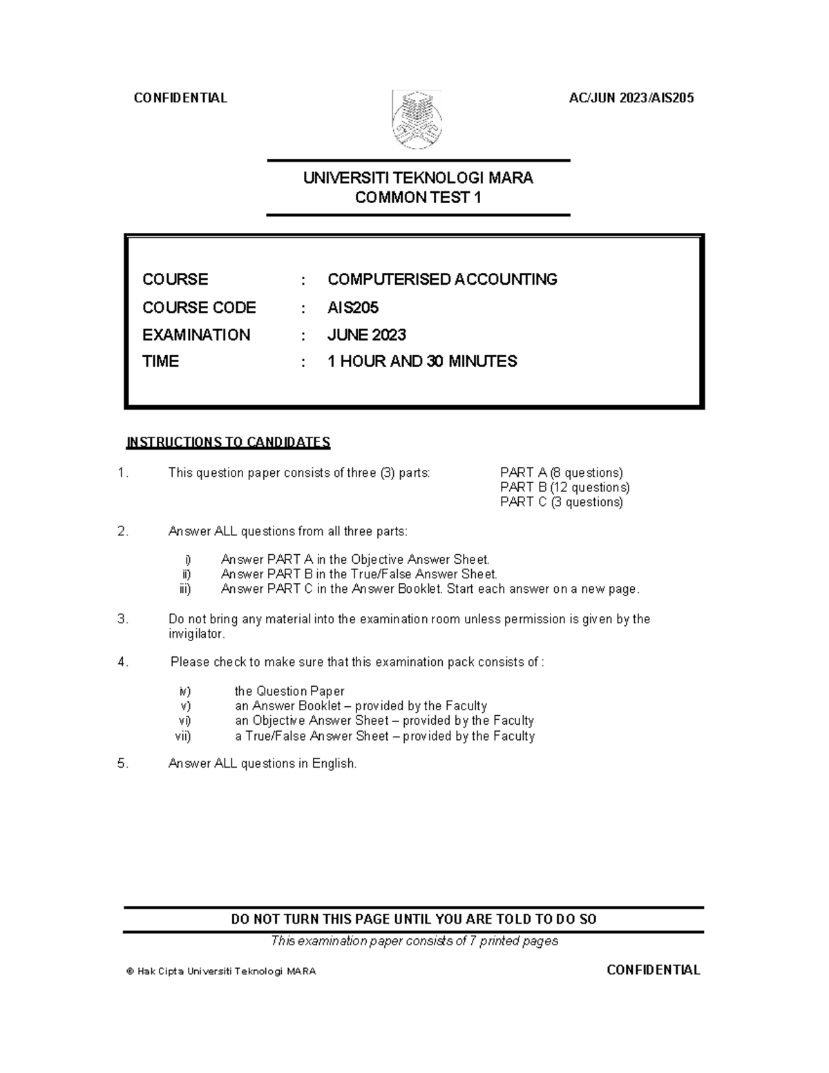 AIS205 CT JUNE23 QQ - Answer past year question - COURSE : COMPUTERISED ...