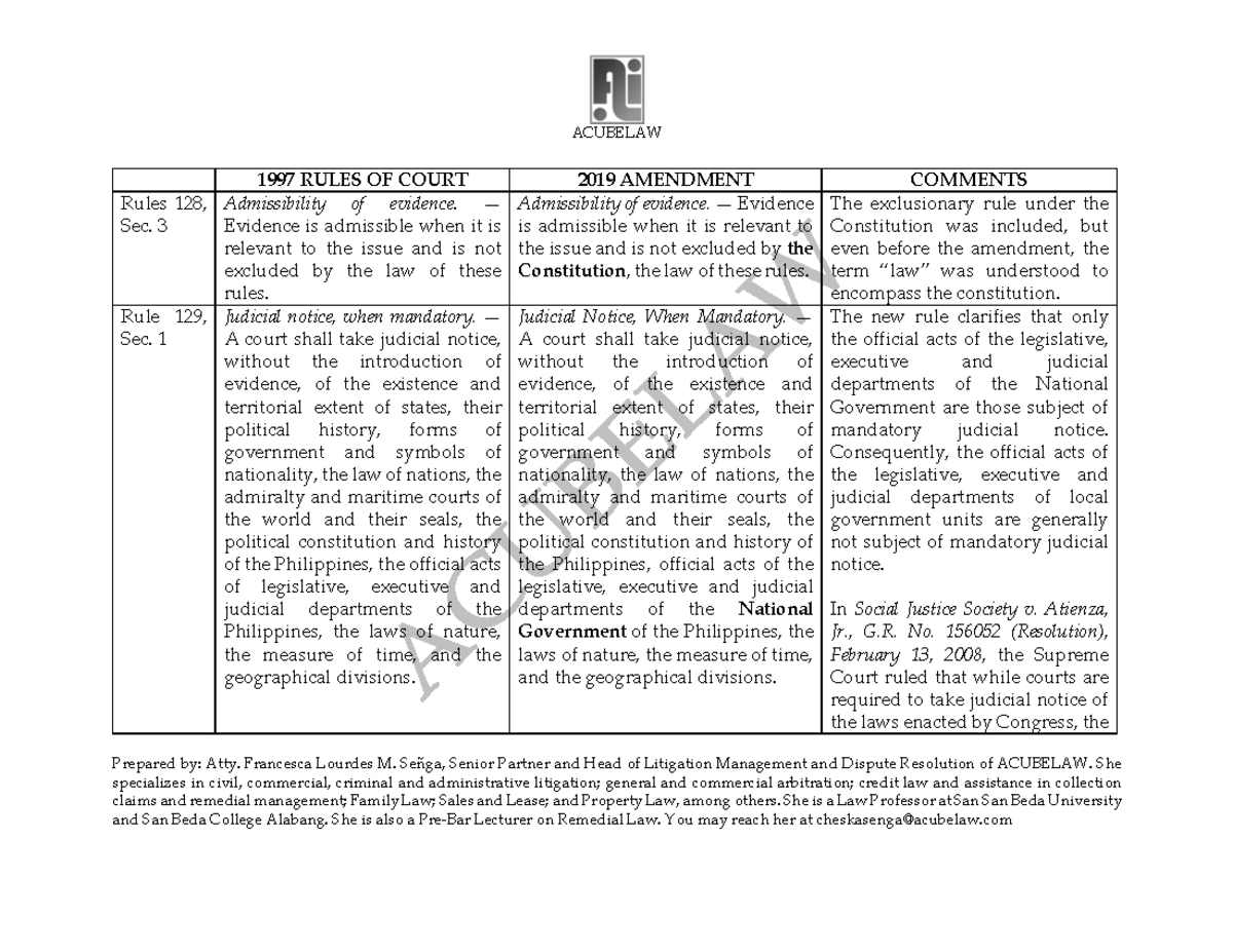 Matrix Comparison Amendment to Rules of Court Evidence 2020 - Prepared ...