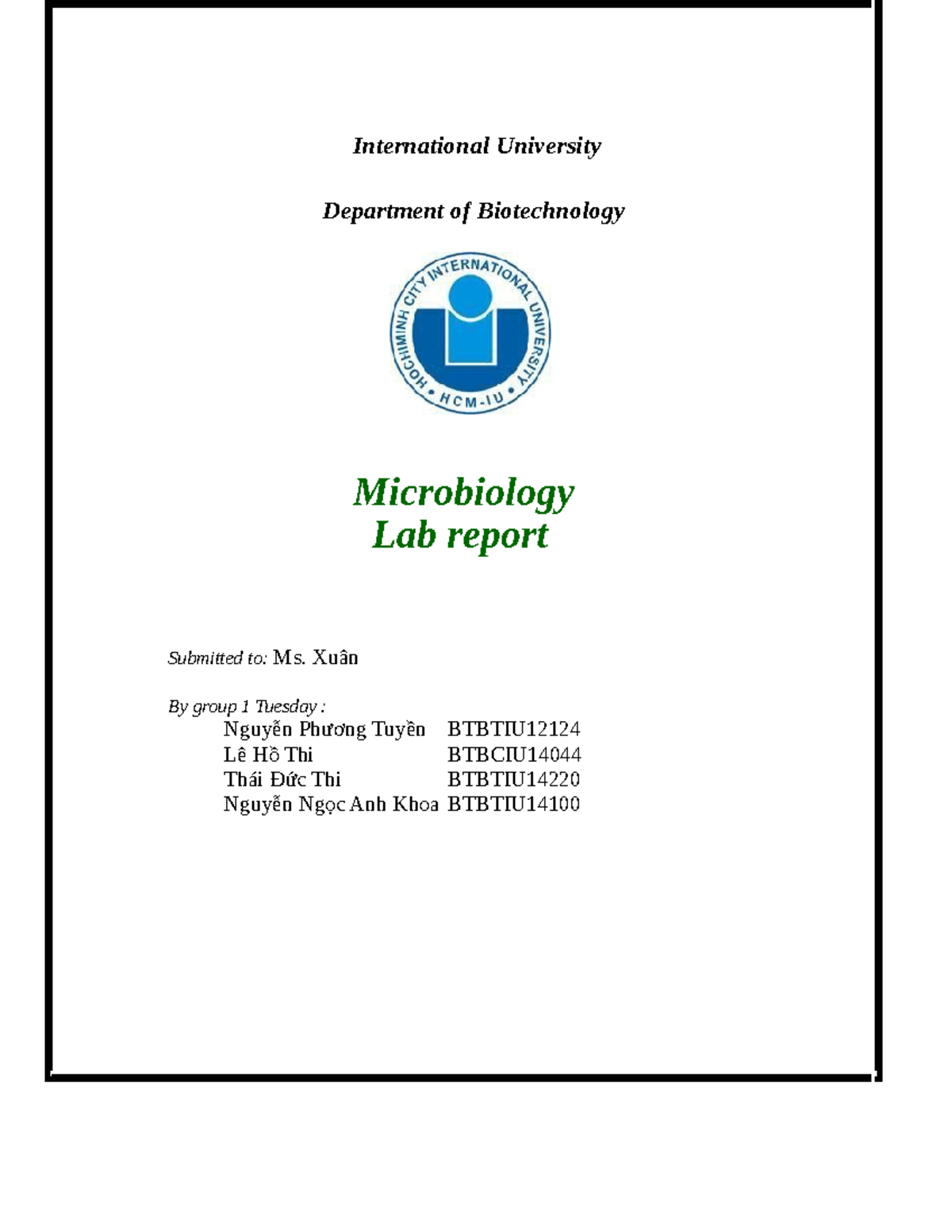 Microbiology Lab Report 2015 - International University Department of ...