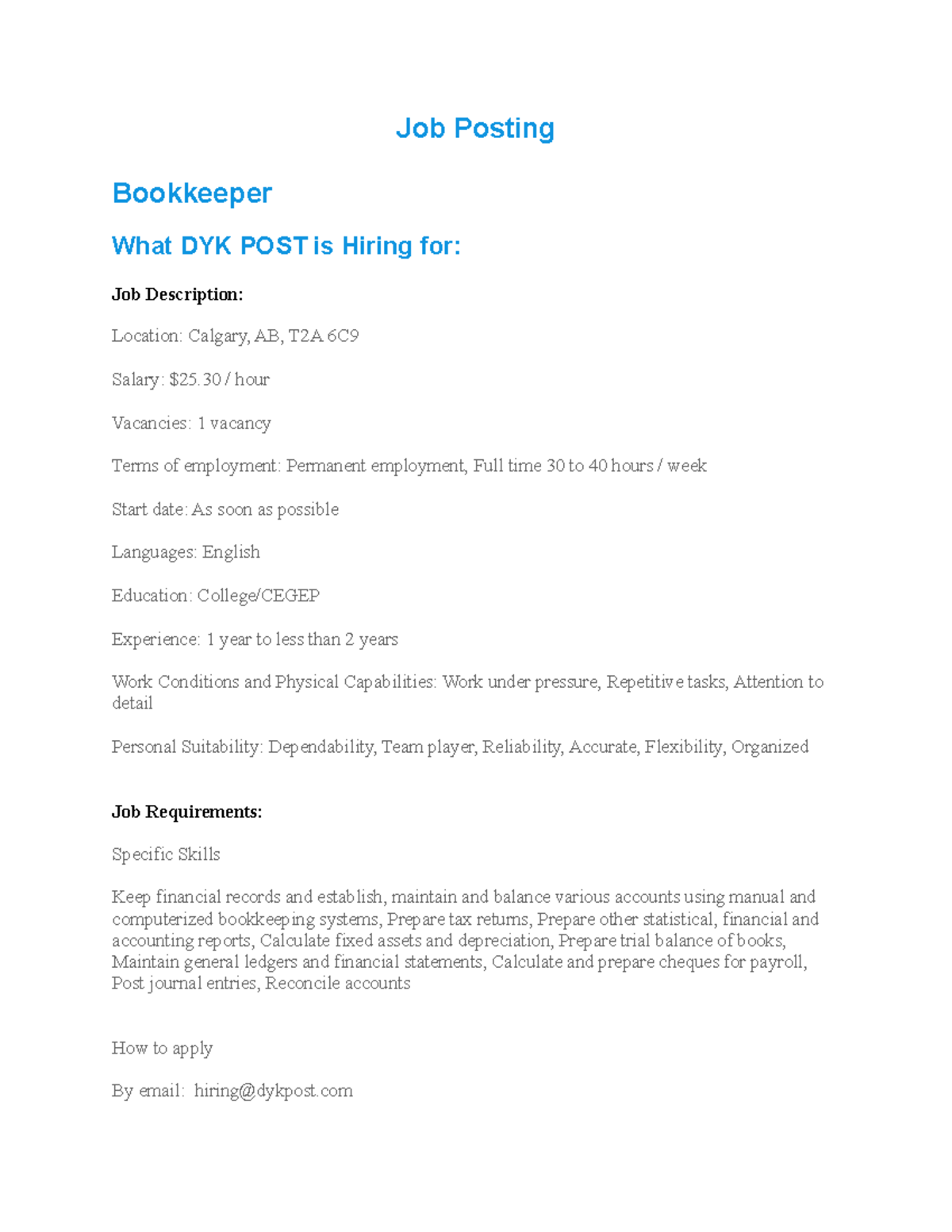 Job posting - Business - Job Posting Bookkeeper What DYK POST is Hiring ...