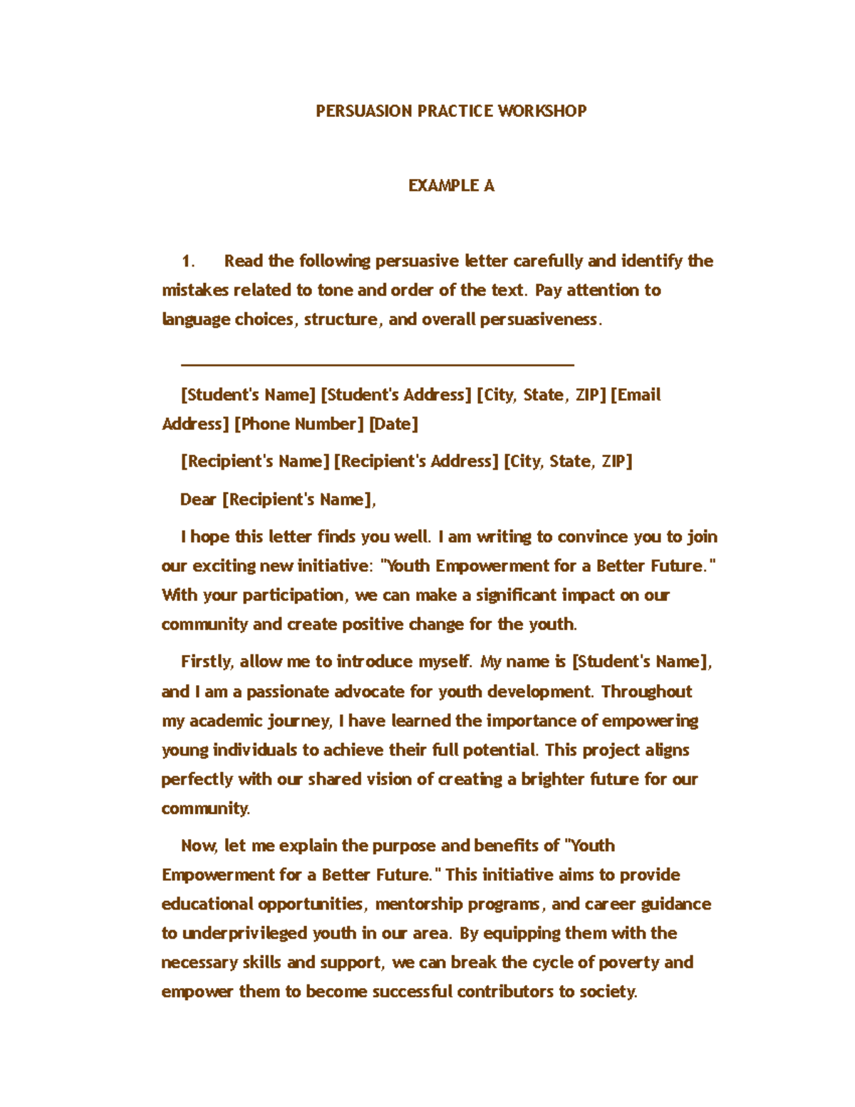 Persuasion Practice Workshop - PERSUASION PRACTICE WORKSHOP EXAMPLE A ...