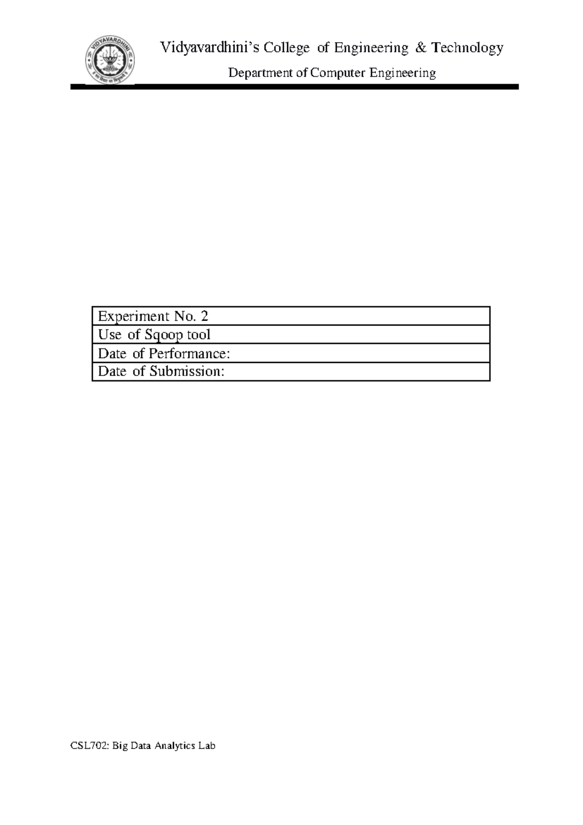BDA prac 2 - BDA prac - Department of Computer Engineering Experiment No. 2 Use of Sqoop tool ...