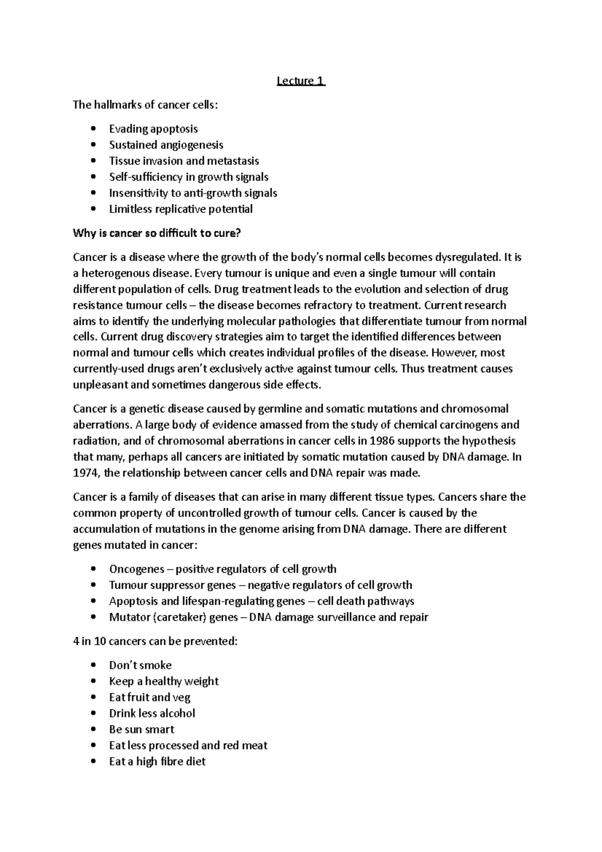 PED3006 L1 - Lecture notes 1 - Lecture 1 The hallmarks of cancer cells ...