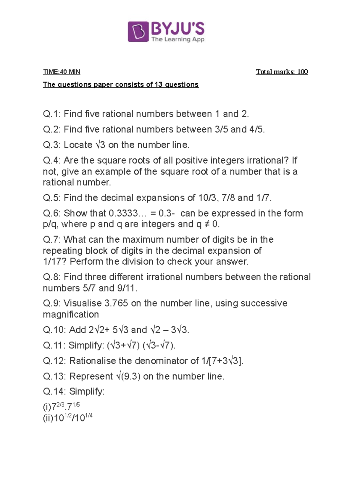 Number System - note for use - TIME:40 MIN Total marks: 100 The ...