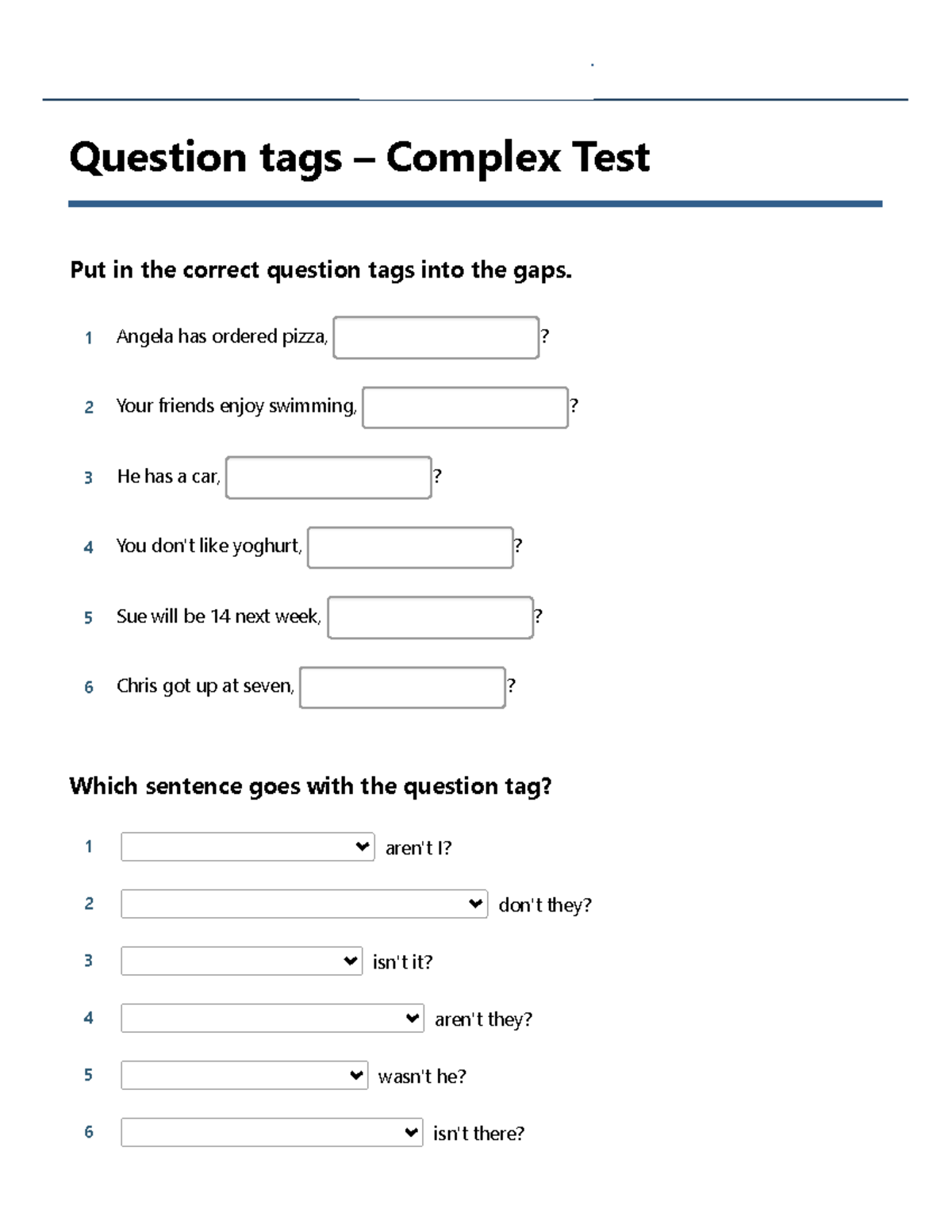 Question tags, Complex Test, English - Question tags – Complex Test Put ...